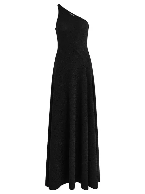 LUXE DE VALENTINA Como One Shoulder Lamé Maxi Dress - Black