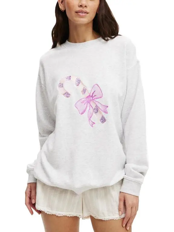 Cotton:on Novelty Fleece Sweatshirt - Grey Marle  Candy Cane Bow