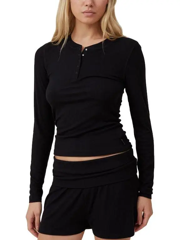 Cotton:on Airy Soft Henley Long Sleeve - True Black