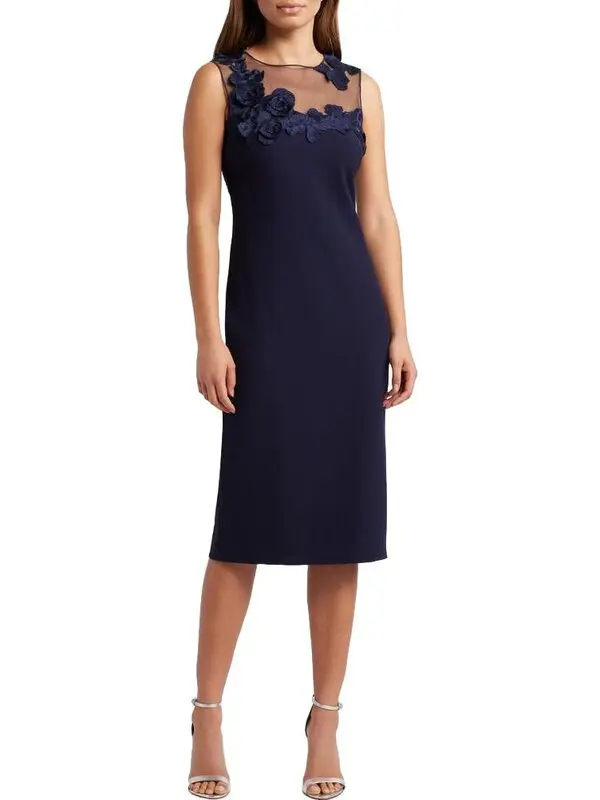 Vince Camuto Floral Embroidery Crepe Sheath Dress - Navy