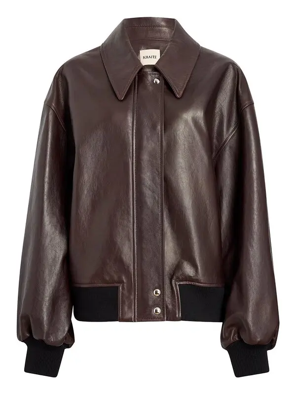 Khaite Shelman Leather Bomber Jacket - Dark Brown