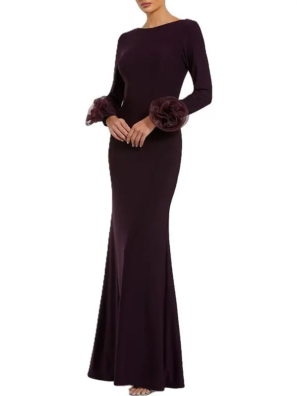 Mac Duggal Long Sleeve Fitted Jersey Gown With 3d Flowers - Amethyst