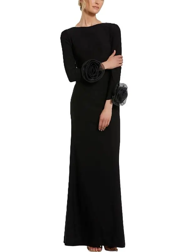 Mac Duggal Long Sleeve Fitted Jersey Gown With 3d Flowers - Black
