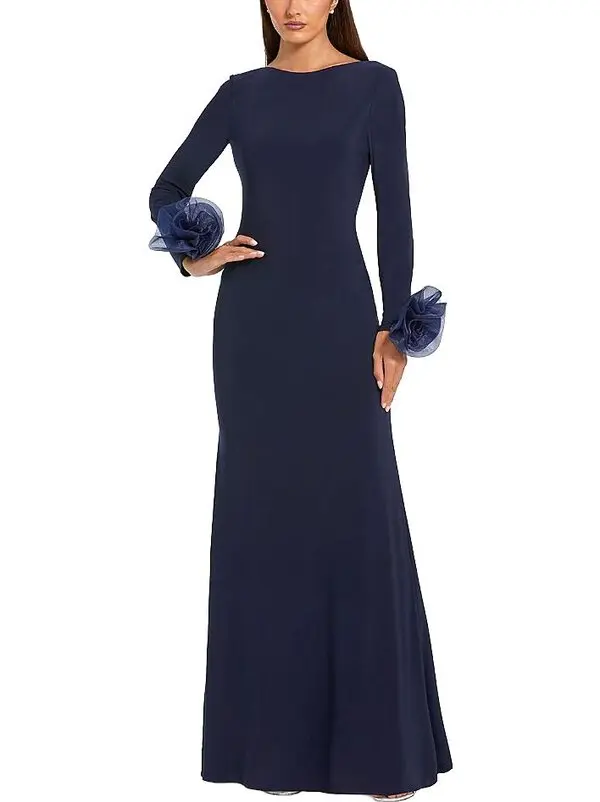 Mac Duggal Long Sleeve Fitted Jersey Gown With 3d Flowers - Midnight