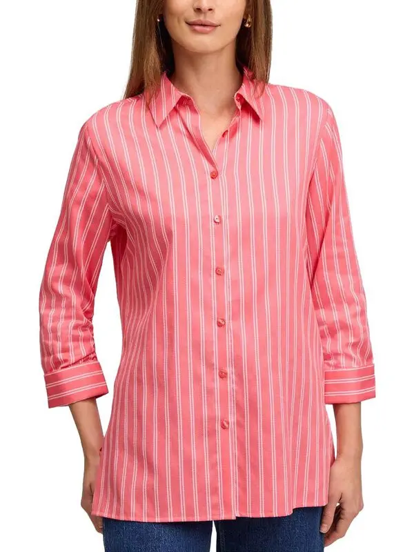 Foxcroft Evelyn Stripe Cotton Button-up Shirt - Sunkissed Coral/ White