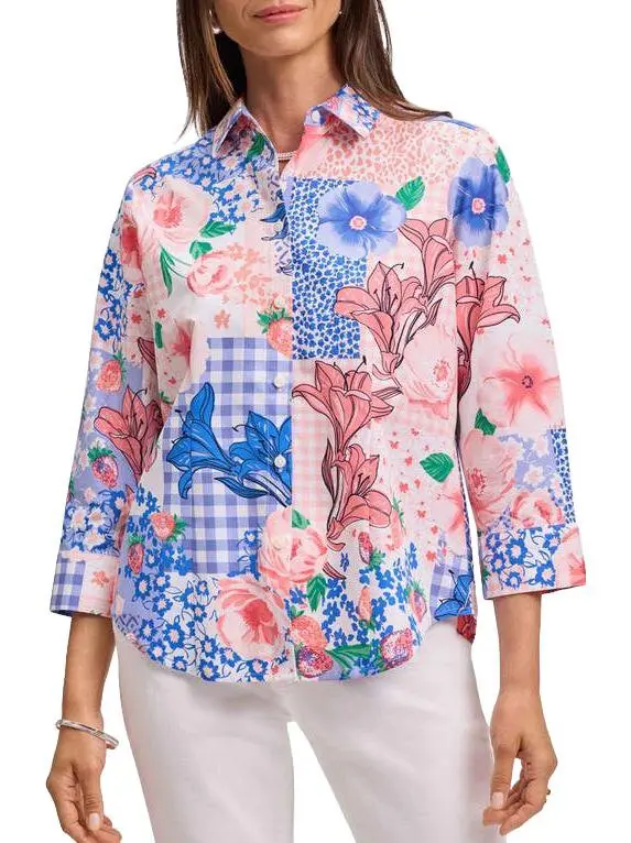 Foxcroft June Mixed Print Cotton Button-up Shirt - Blue/pink Multi