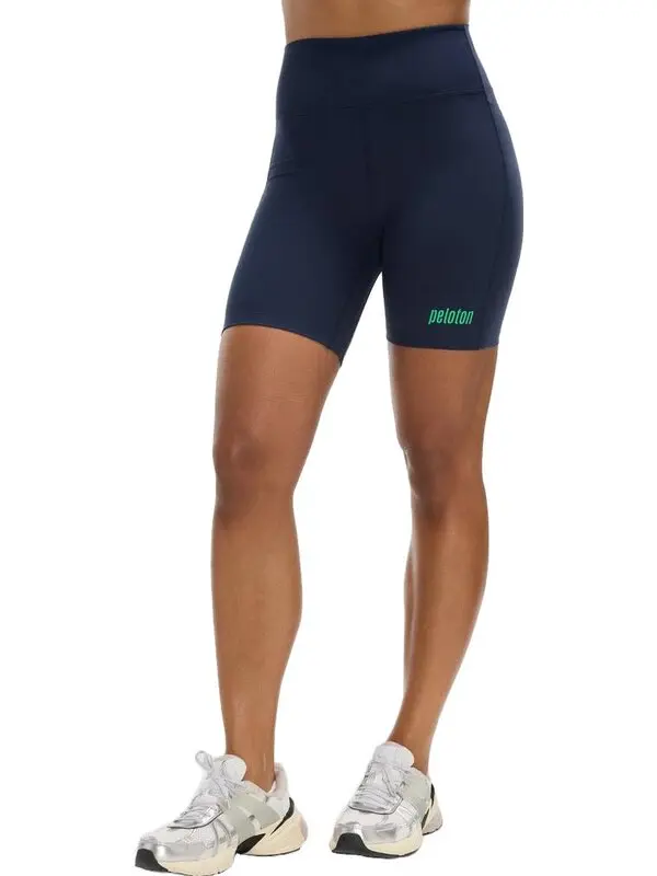 PELOTON Cadent 7" High Rise Pocket Bike Short - Navy - Peloton Wordmark