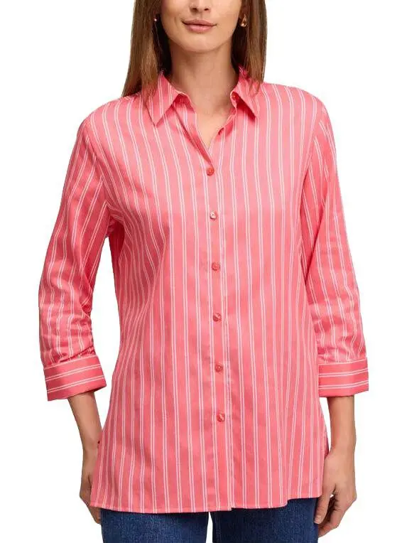 Foxcroft Evelyn Stripe Button-up Shirt - Sunkissed Coral/ White