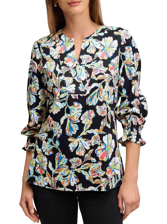 Foxcroft Alicia Floral Cotton Popover Top - Black Multi