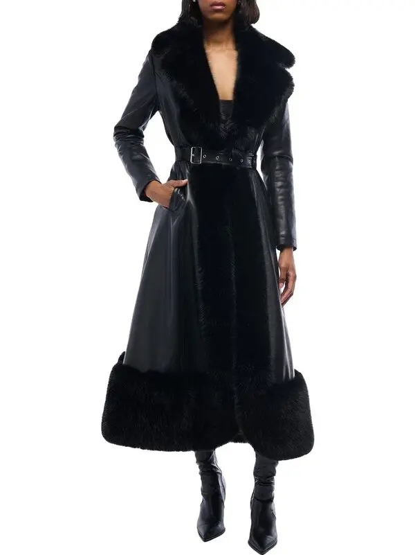 AZALEA WANG Vivian Faux Fur And Faux Leather Longline Coat - Black