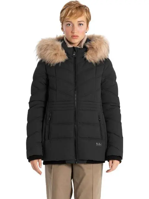 POINT ZERO Chevron Quilted Bomber With Fur Trim - Black