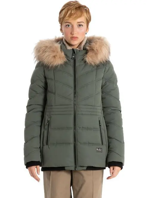 POINT ZERO Chevron Quilted Bomber With Fur Trim - Moss