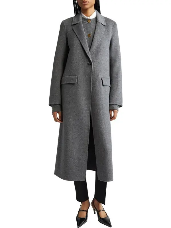 TOTEME One-button Double Face Wool Long Coat - Mid Grey Melange