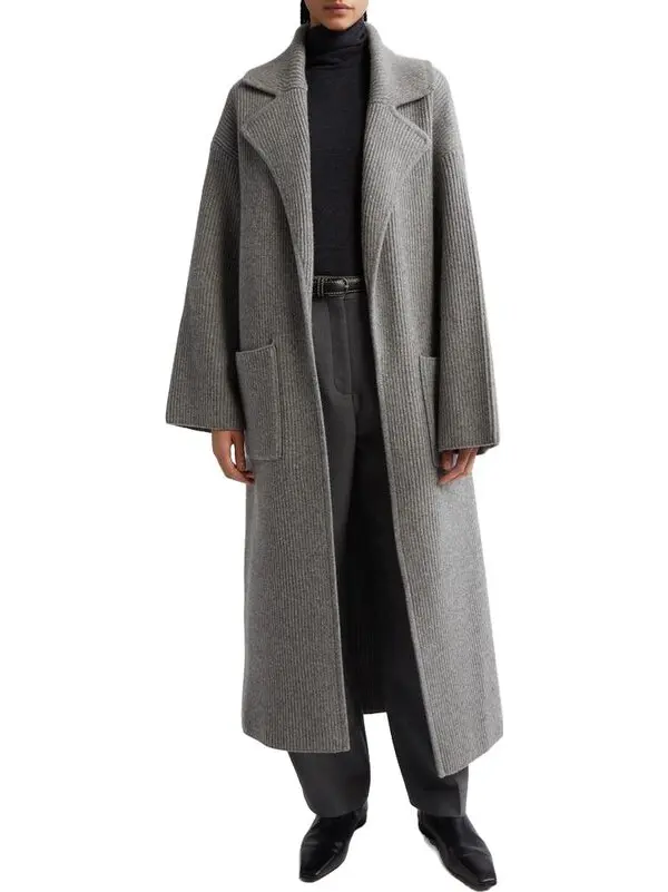 TOTEME Wool Blend Rib Cardigan Coat - Grey Melange