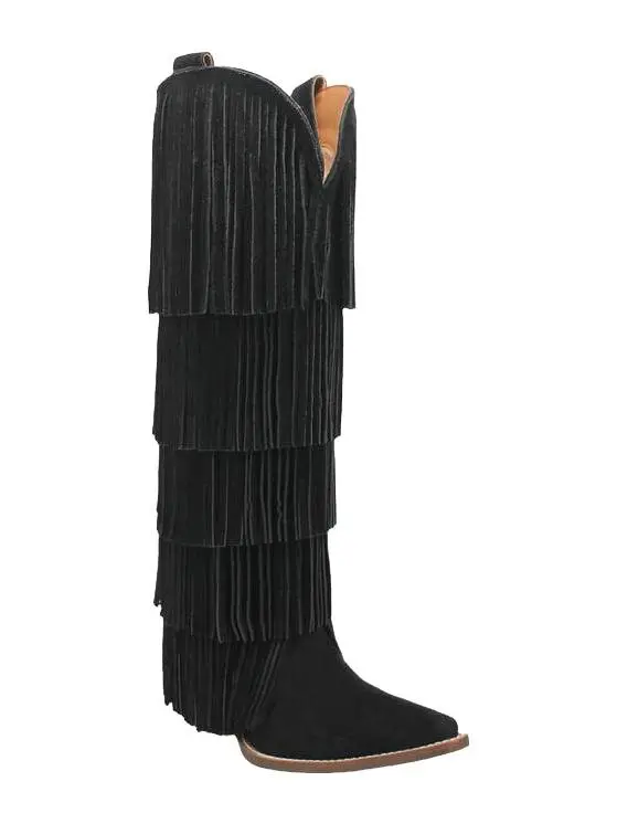 DINGO Wild Child Fringe Knee High Western Boot - Black