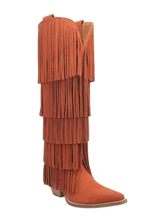 DINGO Wild Child Fringe Knee High Western Boot - Rust