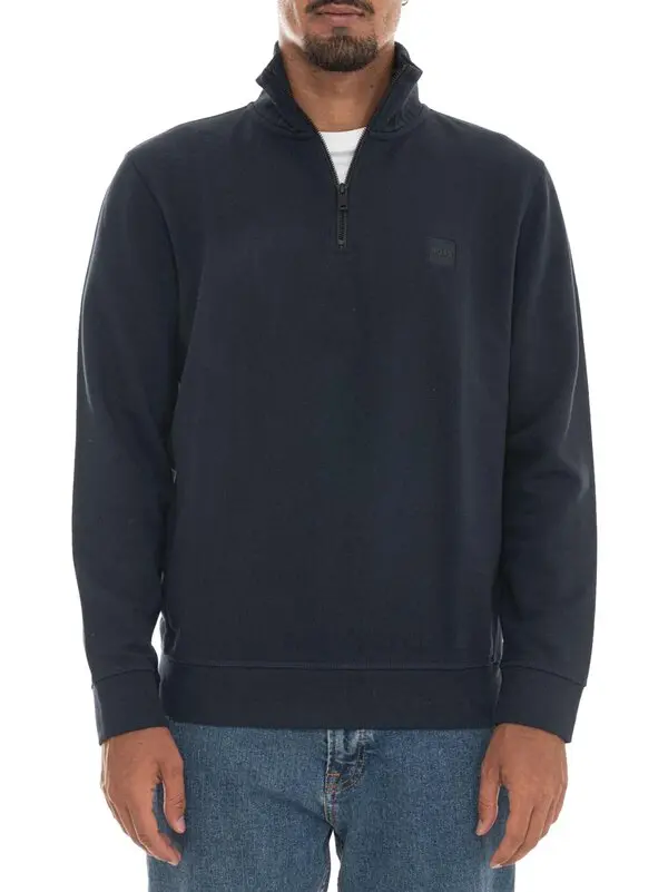 BOSS Cotton Turtleneck Jumper With Half-zip Closure - Blue
