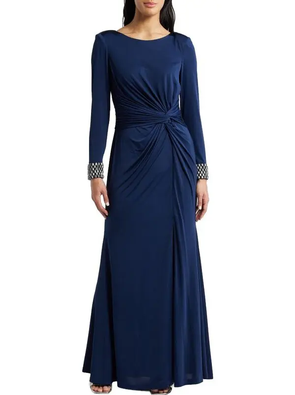 Vince Camuto Center Knot Beaded Cuff Gown - Navy