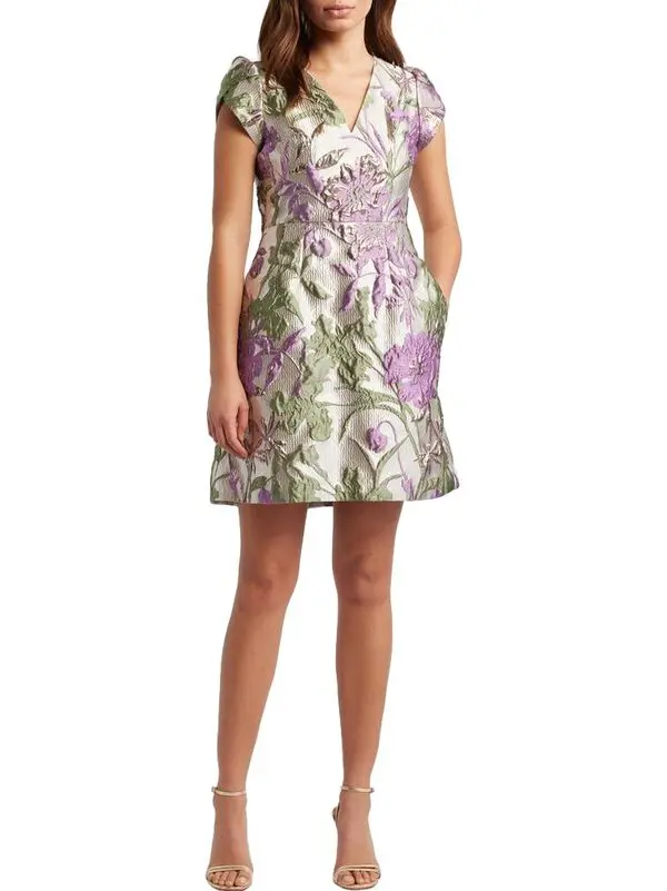 Vince Camuto Metallic Floral Jacquard A-line Dress - Lilac
