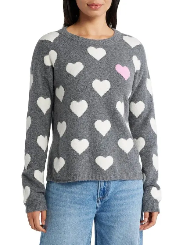 Caslon Hearts Jacquard Crewneck Sweater - Grey- Ivory Pop Heart