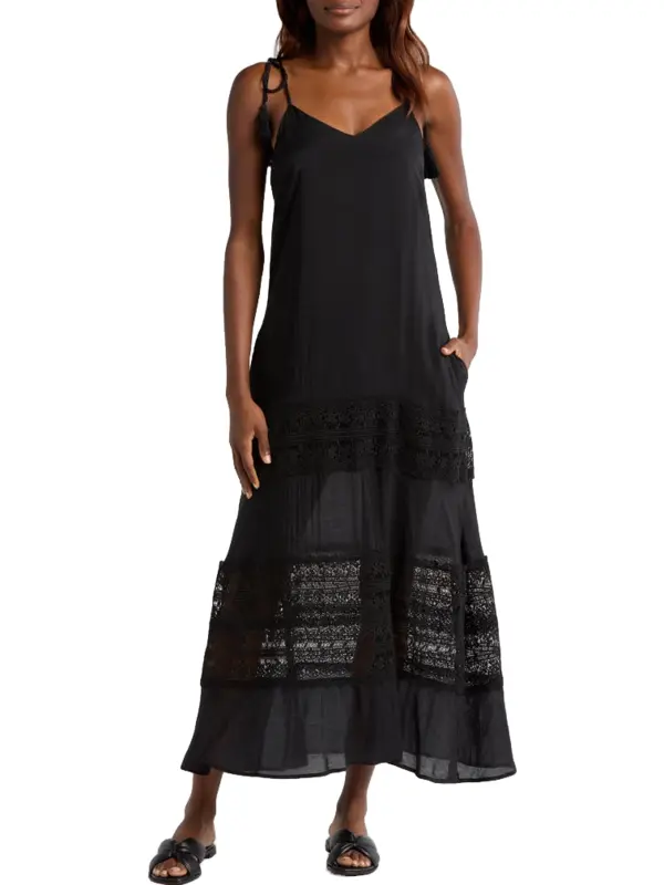 Elan Lace Tie Strap Cover-up Maxi Dress - Black