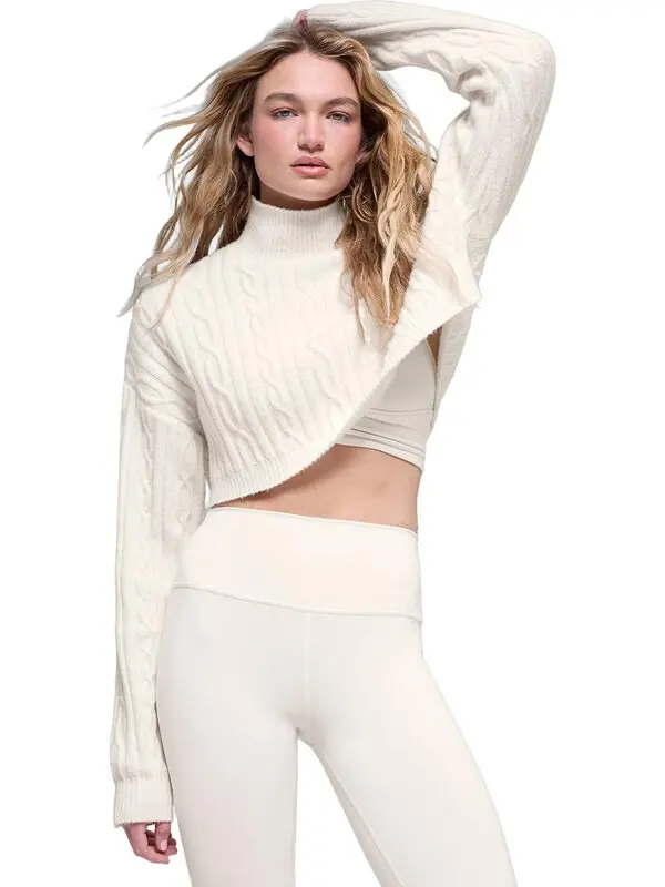 Alo Yoga Cable Knit Cropped Turtleneck Top - Ivory