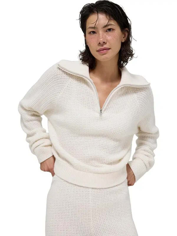 Alo Yoga Cashmere Plush Waffle Quarter Zip Pullover Top - Ivory