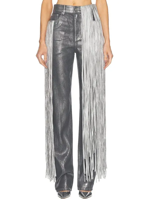 AREA Metallic Fringe Straight Leg Pant - Silver