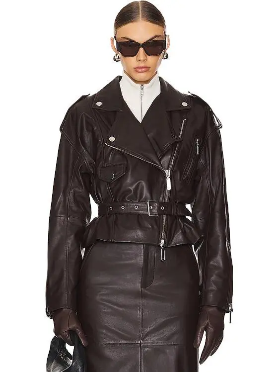 CAMILA COELHO Ambrosia Leather Moto Jacket - Brown