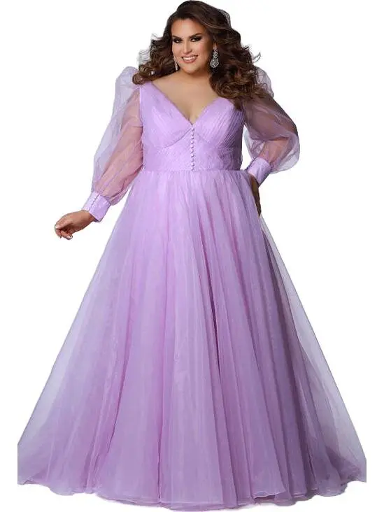 SYDNEY'S CLOSET Organza Pouf Sleeve V-neck Pleated Evening Gown - Lilac