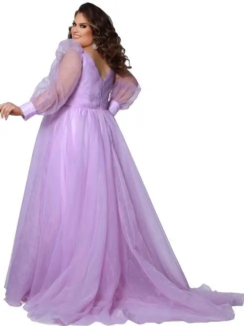 SYDNEY'S CLOSET Organza Pouf Sleeve V-neck Pleated Evening Gown - Lilac