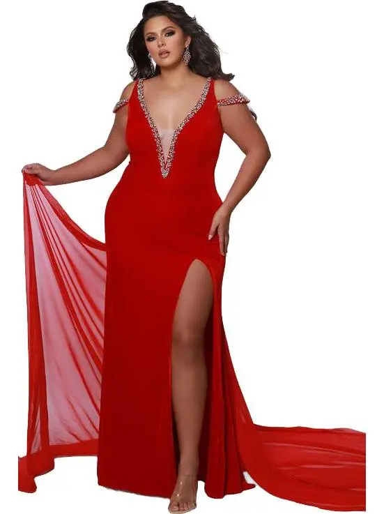SYDNEY'S CLOSET Studded Velvet Evening Gown - Crimson