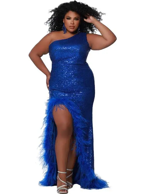 SYDNEY'S CLOSET One-shoulder Sequin And Ostrich Feather Gown - Cobalt
