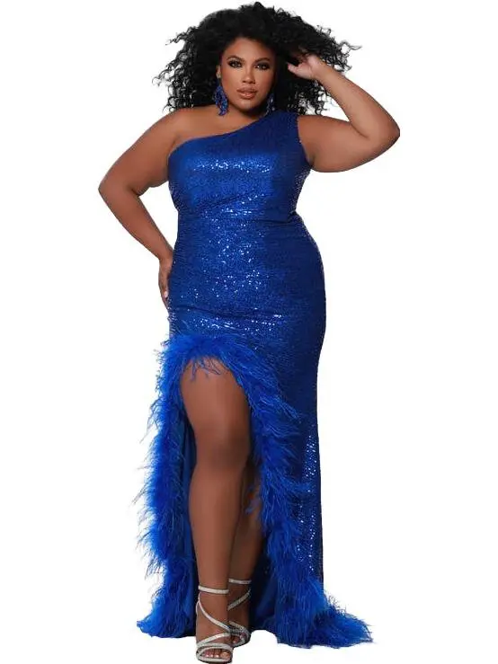 SYDNEY'S CLOSET One-shoulder Sequin And Ostrich Feather Gown - Cobalt
