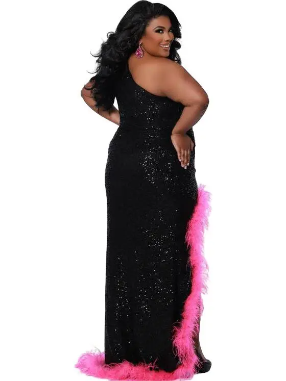 SYDNEY'S CLOSET One-shoulder Sequin Gown - Jet/hot Pink