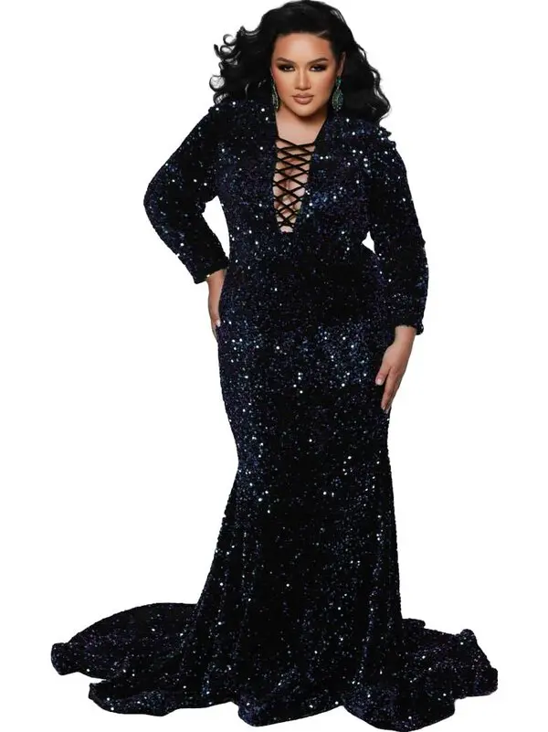 SYDNEY'S CLOSET Long Sleeve Sequin Velvet Evening Gown - Kaleidoscope