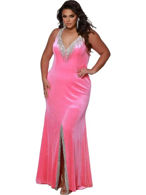 SYDNEY'S CLOSET V-neck Rhinestone Fringe Velvet Evening Gown - Hot Coral