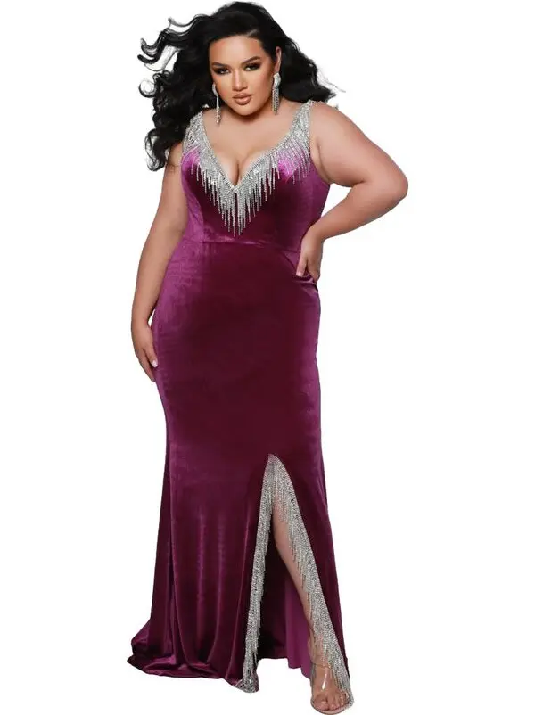 SYDNEY'S CLOSET V-neck Rhinestone Fringe Velvet Evening Gown - Purple