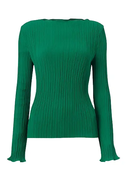 Whistles Elsa Boat-neck Plissé Top - Green
