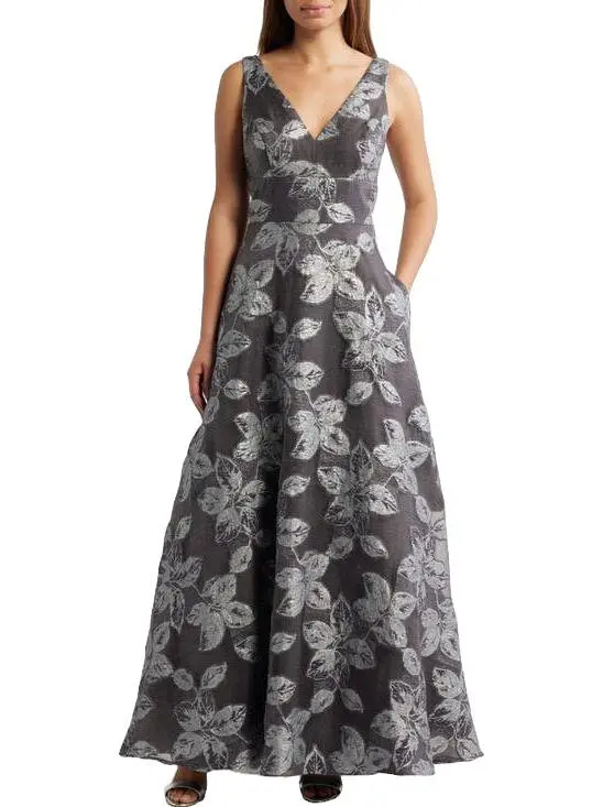 Eliza J V-neck Sleeveless Jacquard Ballgown - Silver