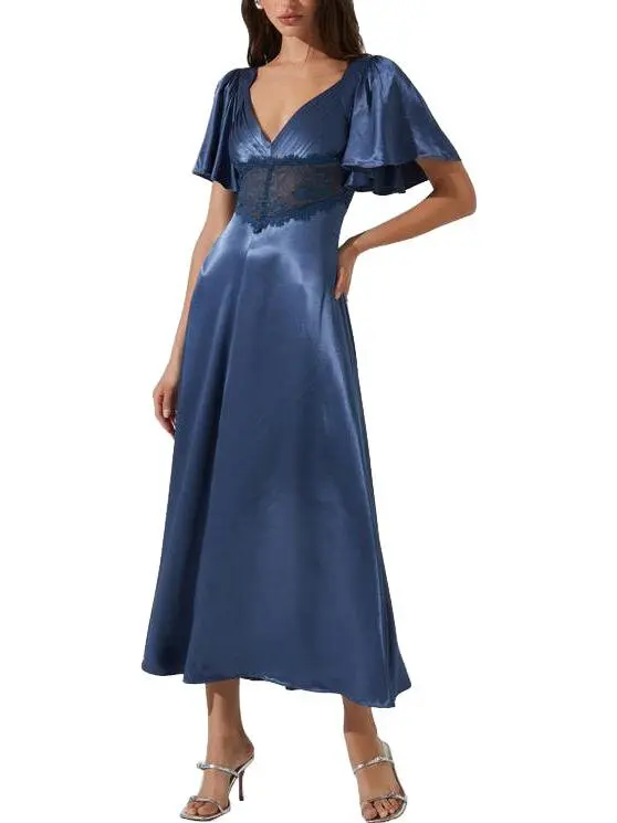 Astr The Label Aurelia Flutter Sleeve Lace & Satin Dress - Slate Blue