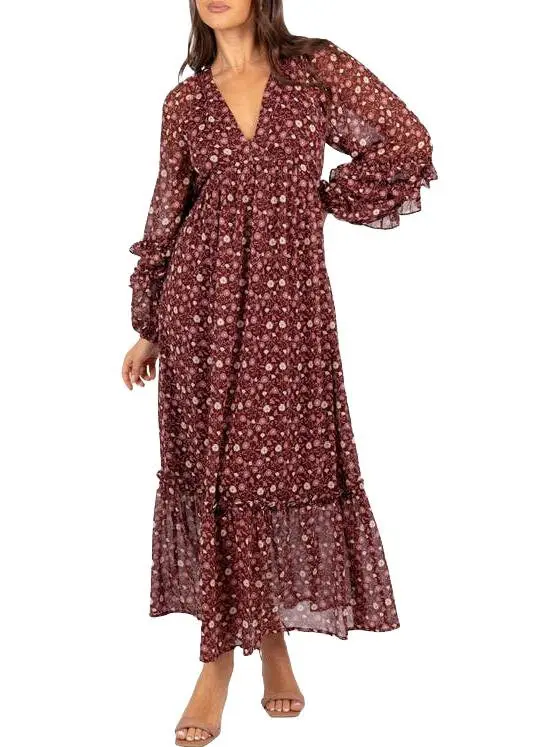 PETAL & PUP Evian Floral Print Maxi Dress - Burgundy Multi