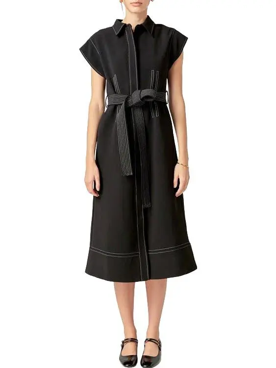 English Factory Contrast Stitch Tie Waist Midi Shirt Dress - Black/ White