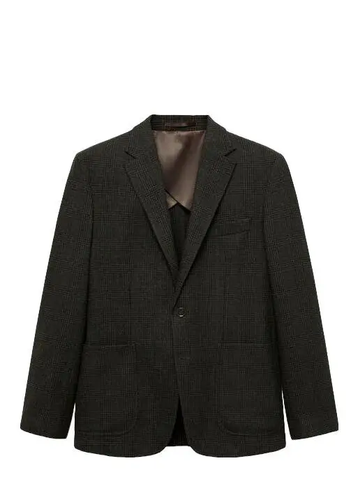 Mango Slim Fit Plaid Wool Blend Blazer - Khaki Green