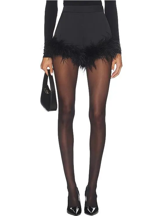 SANS FAFF Satin Hot Pants With Feather Trim - Black