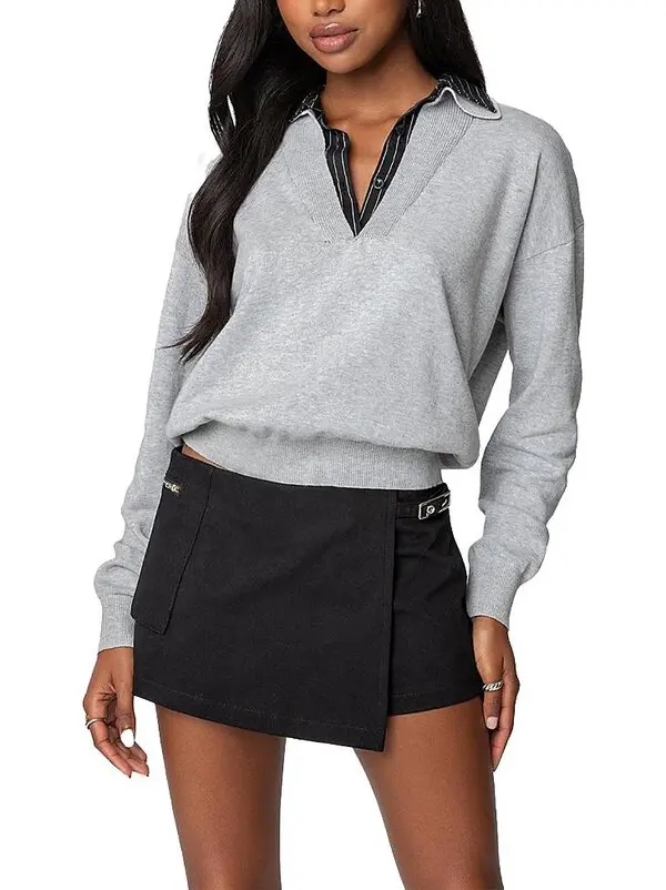 EDIKTED Double Collared Sweater - Gray