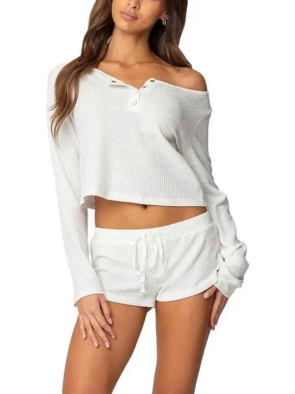 EDIKTED Teddy Cropped Waffle Top - White