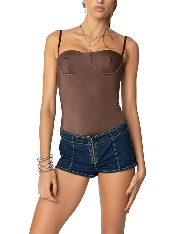 EDIKTED Laurel Shiny Cupped Bodysuit - Brown