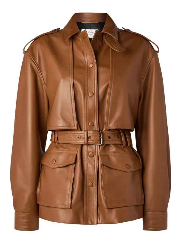 Saint Laurent Belted Leather Jacket - Brown