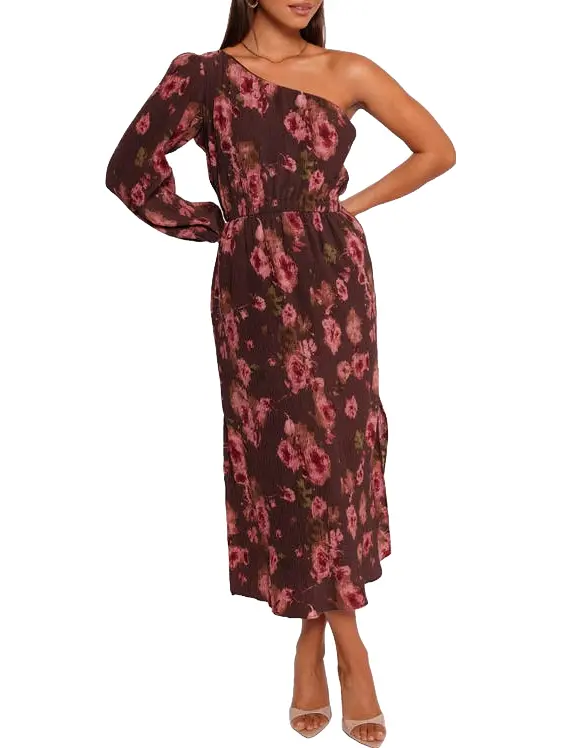 PETAL & PUP Floral Plissé Midi Dress - Chocolate Brown